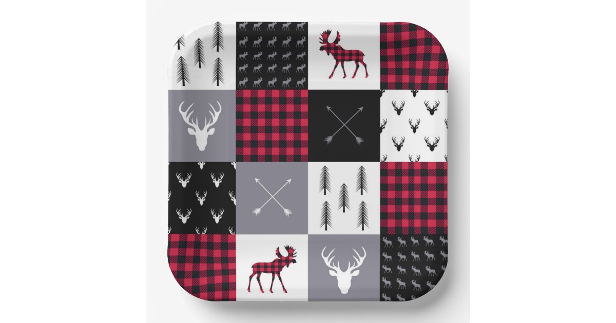 Rustic Buffalo Plaid Patchwork Red White Christmas Paper Plates | Zazzle