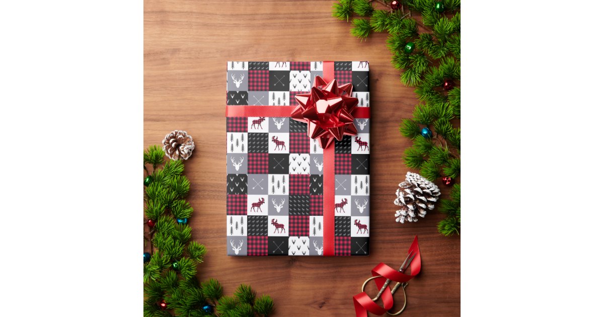 Rustic Buffalo Plaid Patchwork Red White Christmas Wrapping Paper | Zazzle