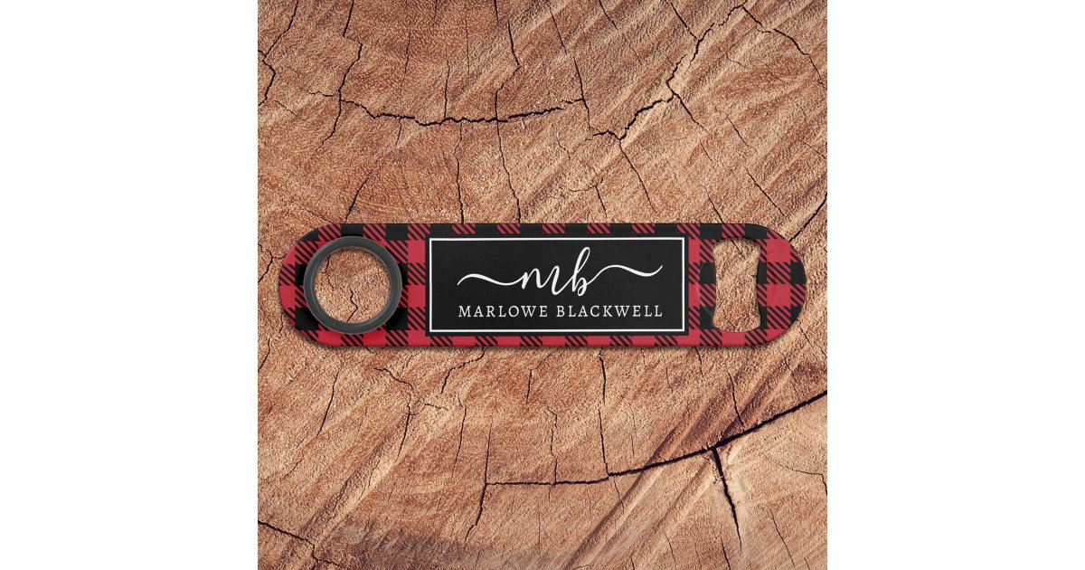 Rustic Buffalo Plaid Red Black Monogram Name Bar Key | Zazzle
