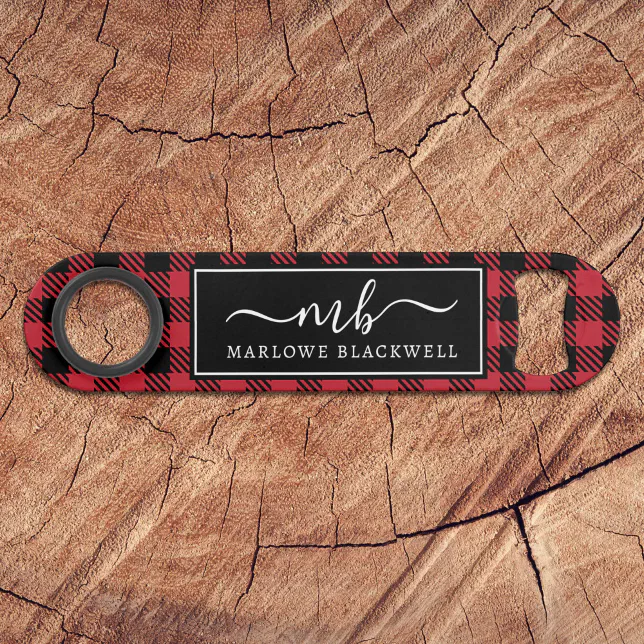 Rustic Buffalo Plaid Red Black Monogram Name Bar Key | Zazzle