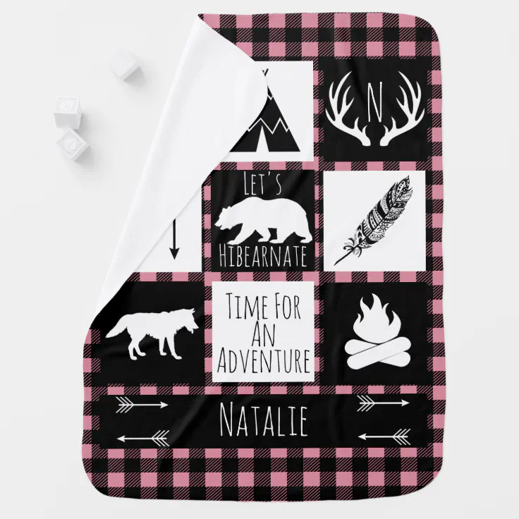 Rustic Buffalo Plaid Wilderness Animals & Name Receiving Blanket | Zazzle