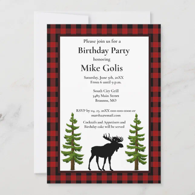 Rustic Buffalo Plaid with Moose Birthday Invitation | Zazzle