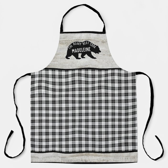 Rustic Buffalo Plaid Wood Cabin Black Bear Custom Apron | Zazzle.com