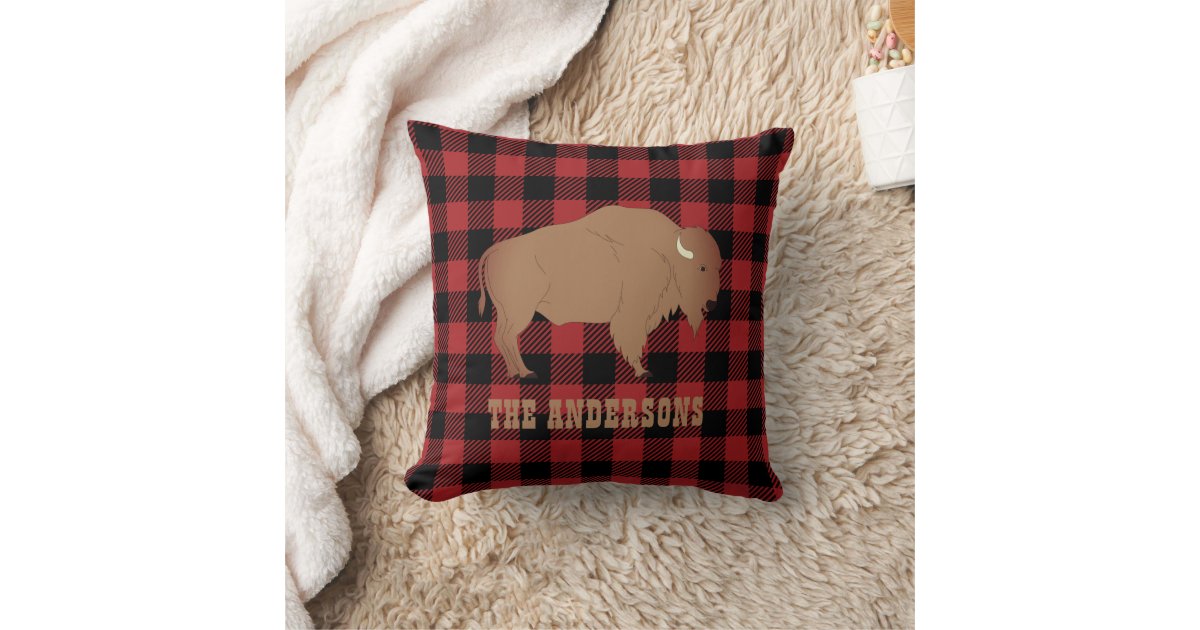 Rustic Buffalo Red Black Pattern Name Throw Pillow | Zazzle