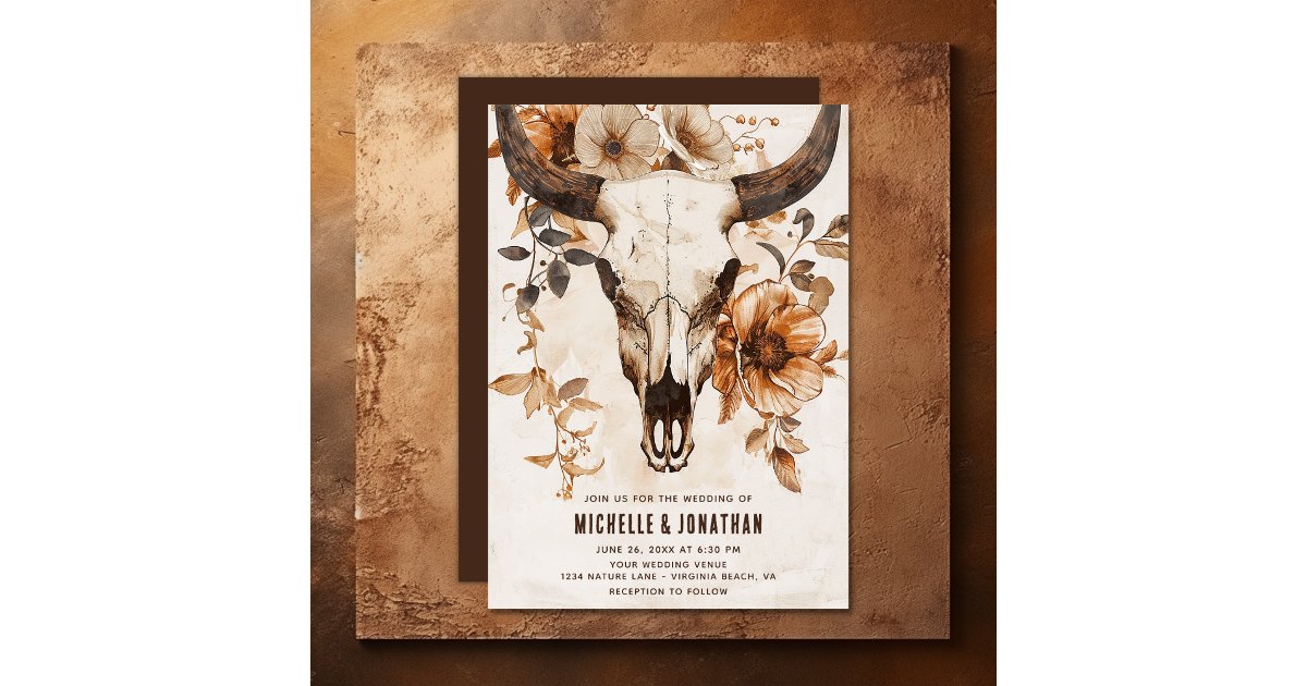 Rustic Bull Cow Skull Floral Boho Western Wedding Invitation | Zazzle