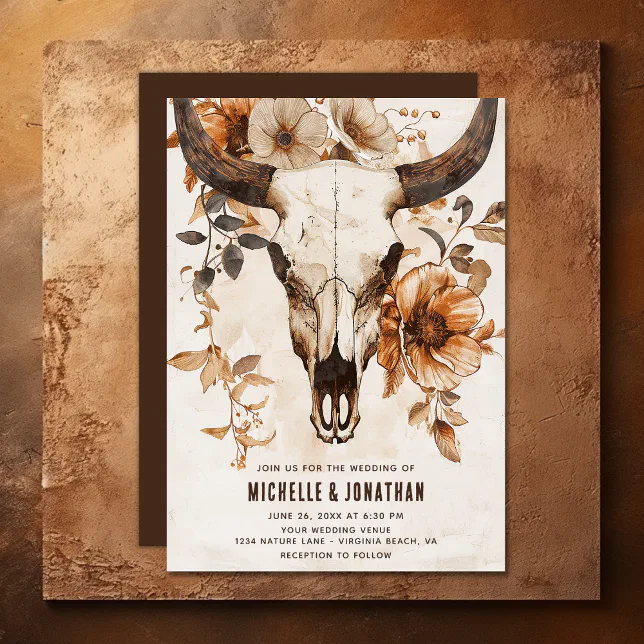 Rustic Bull Cow Skull Floral Boho Western Wedding Invitation | Zazzle
