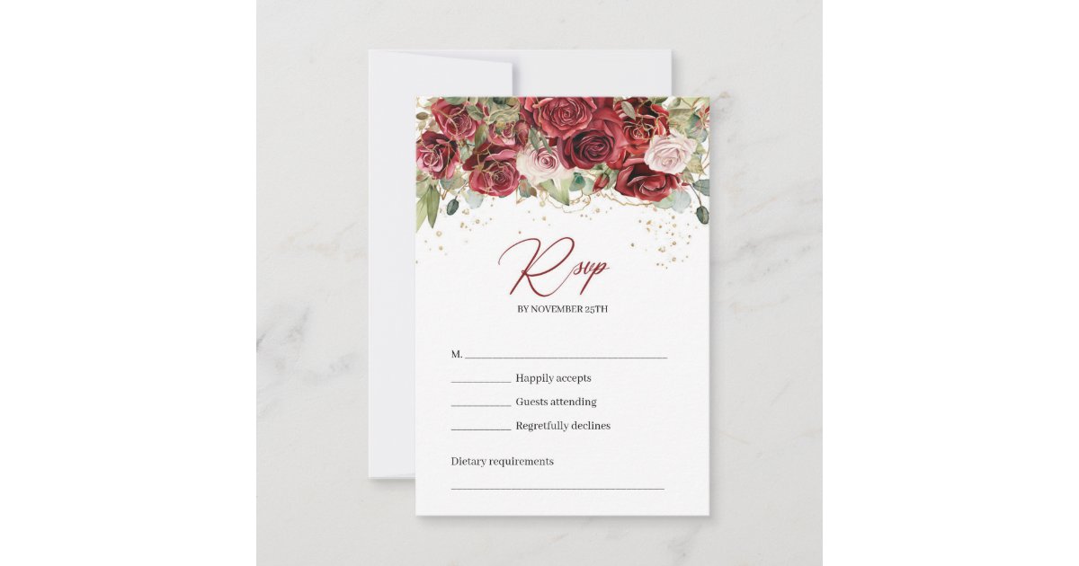 Rustic burgundy and blush pink roses rsvp card | Zazzle