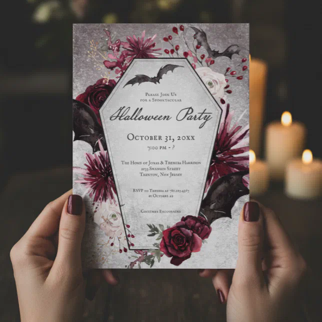 Rustic Burgundy & Black Coffin Halloween Party Invitation | Zazzle