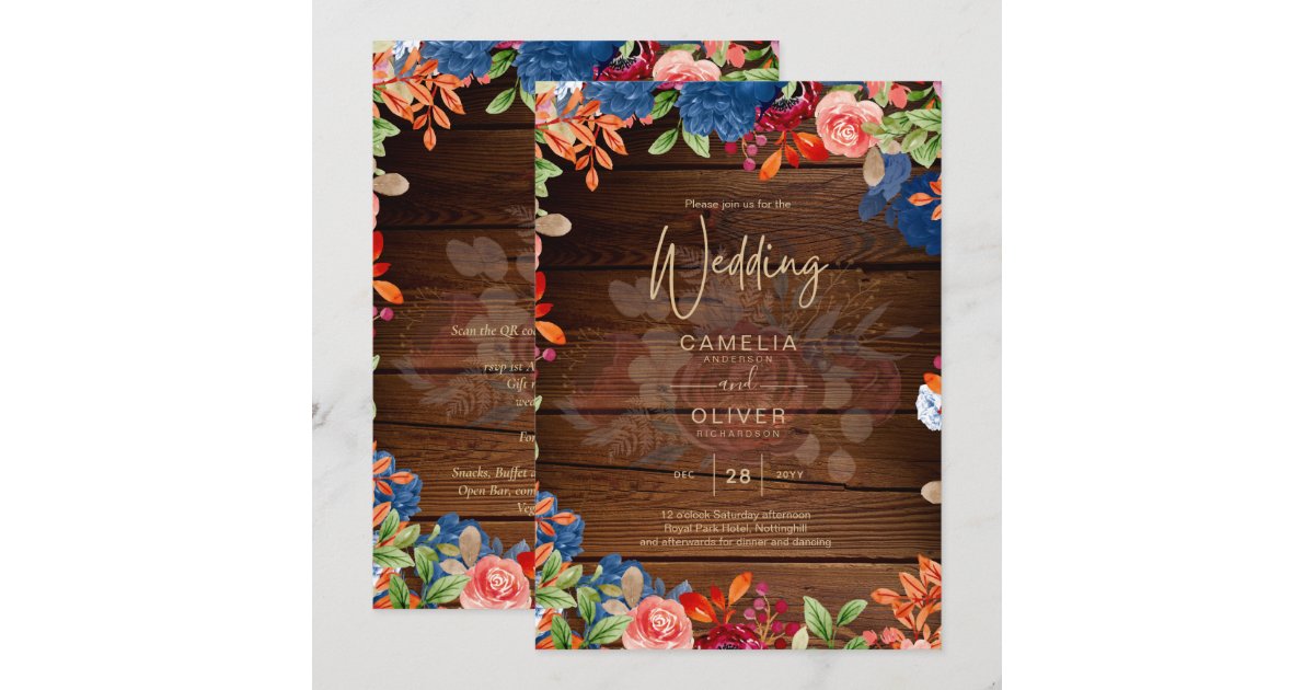 Rustic Burgundy Blue Floral Wedding Invitation | Zazzle