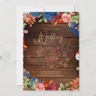 Rustic Burgundy Blue Floral Wedding Invitation | Zazzle