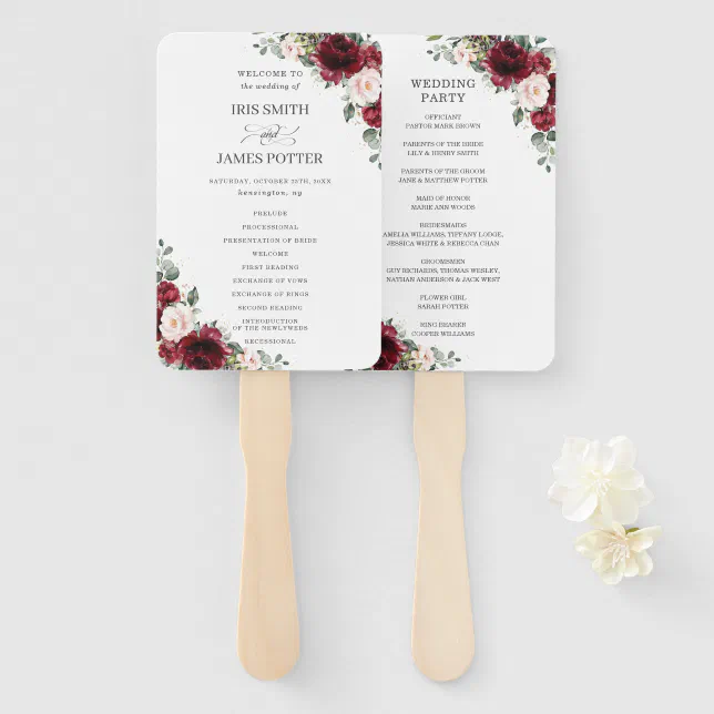 Rustic Burgundy Blush Floral Wedding Program Hand Fan | Zazzle