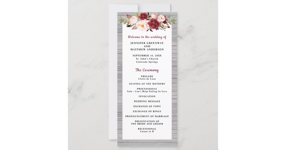 Rustic Burgundy Blush Pink Border Wedding Program | Zazzle