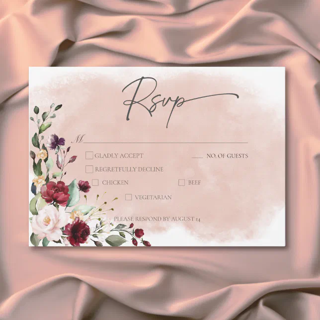 Rustic Burgundy & Blush Pink Roses Wedding Dinner RSVP Card | Zazzle