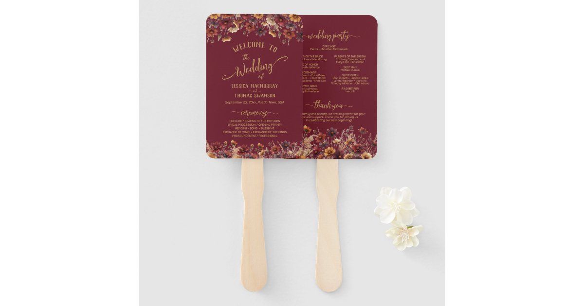 Rustic Burgundy Boho Wildflowers Wedding Program Hand Fan | Zazzle