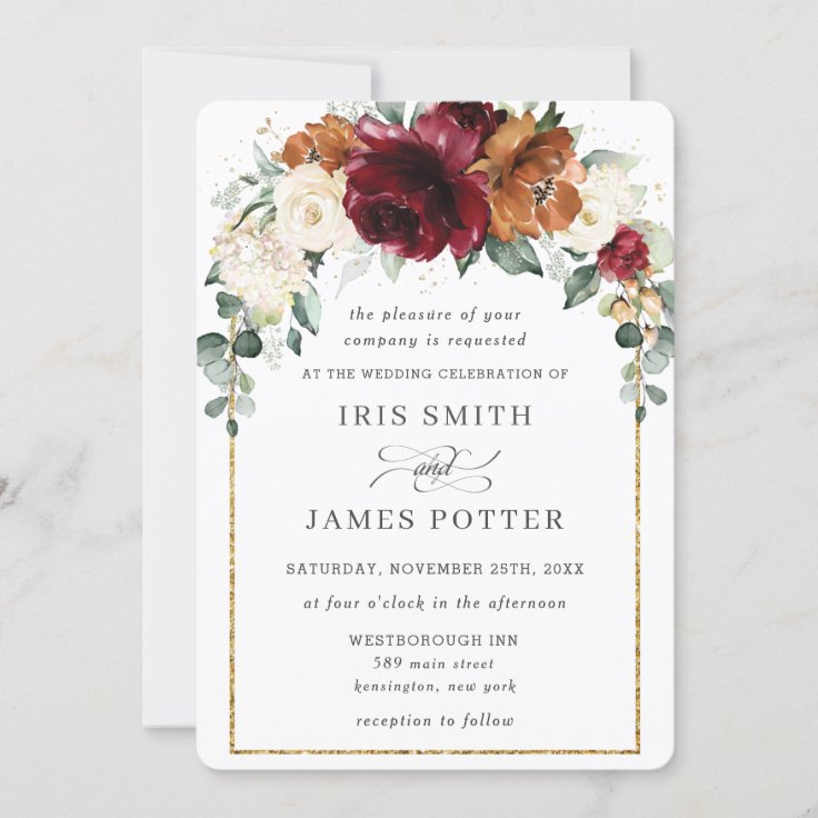 Rustic Burgundy Burnt Orange Ivory Floral Wedding Invitation | Zazzle