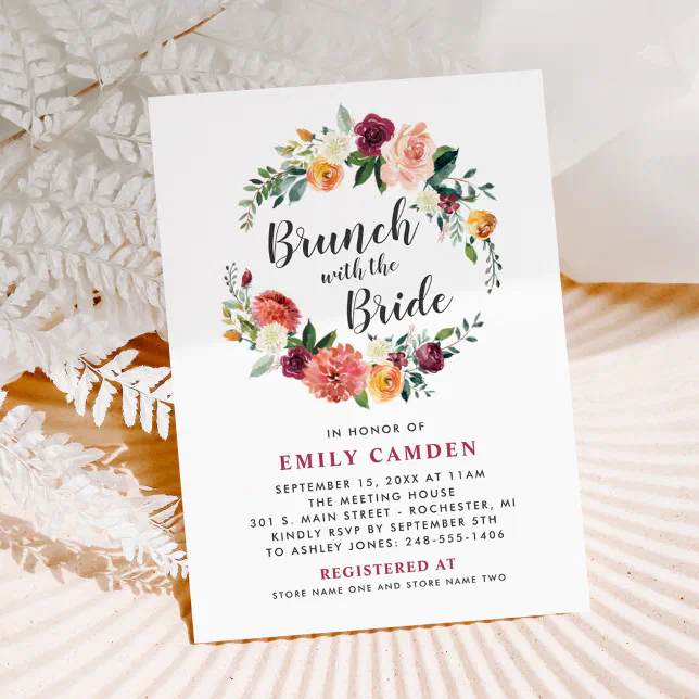 Rustic Burgundy Fall Floral Wreath Bridal Brunch Invitation | Zazzle