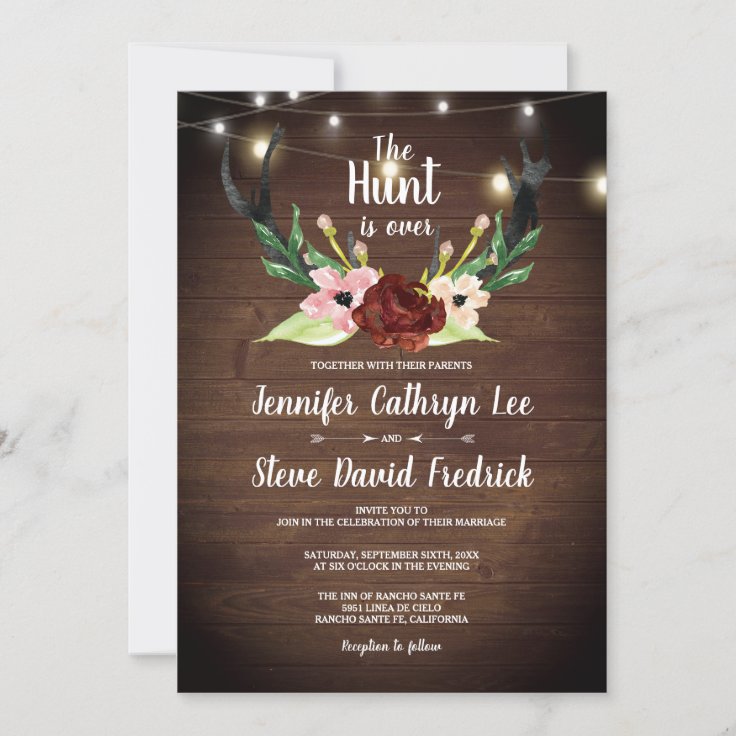 Rustic Burgundy Floral Antler Hunt is Over Wedding Invitation | Zazzle