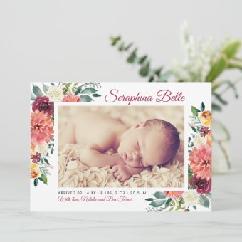 Rustic Burgundy Floral Baby Girl Photo Birth Announcement | Zazzle