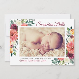 Rustic Burgundy Floral Baby Girl Photo Birth Announcement | Zazzle