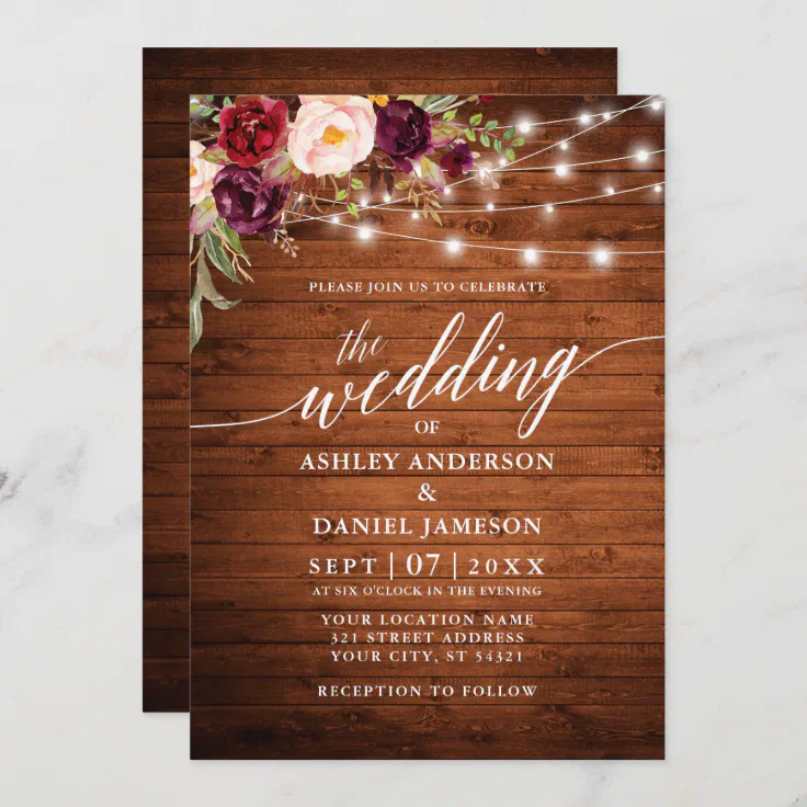 Rustic Burgundy Floral Calligraphy Photo Wedding Invitation | Zazzle