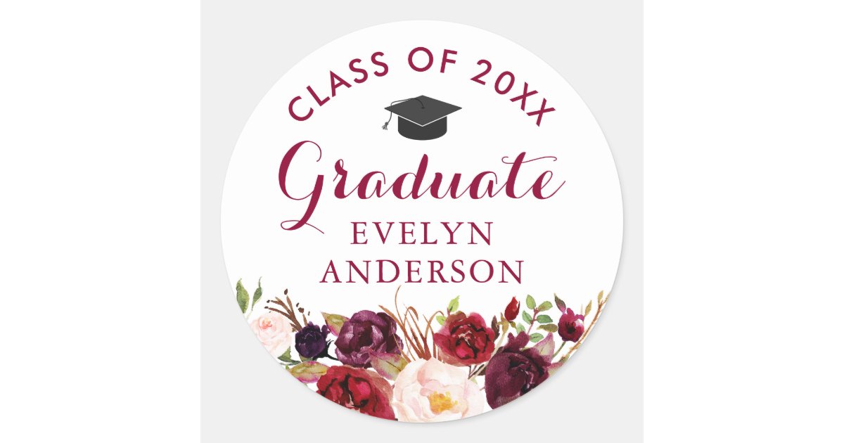Rustic Burgundy Floral Graduate Graduation Classic Round Sticker ...