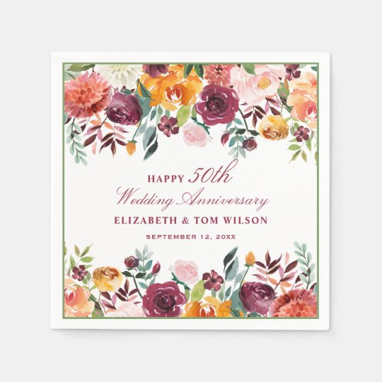 Rustic Burgundy Floral Happy Wedding Anniversary Napkins | Zazzle.com