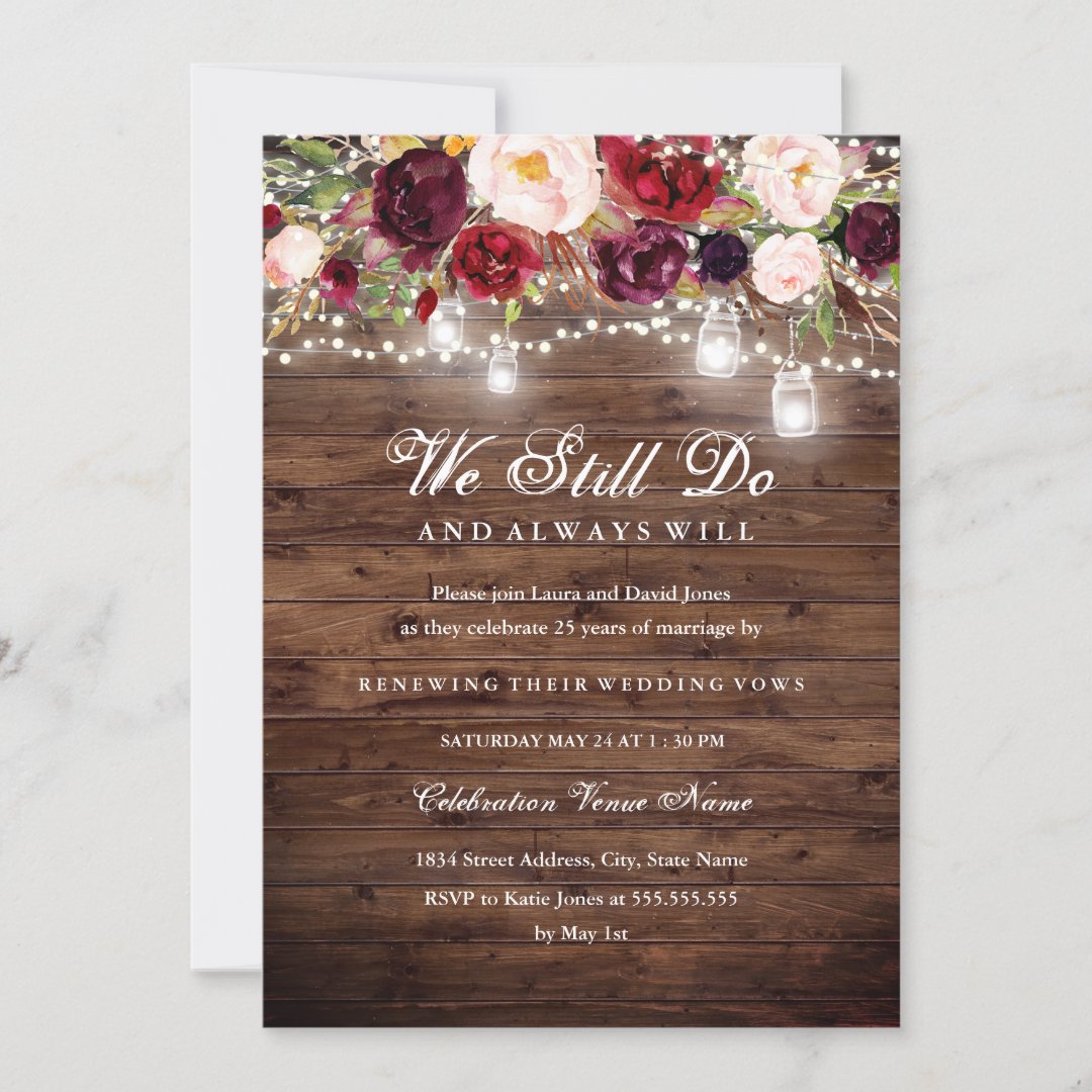 Rustic Burgundy Floral Lights Vow Renewal Invitation | Zazzle