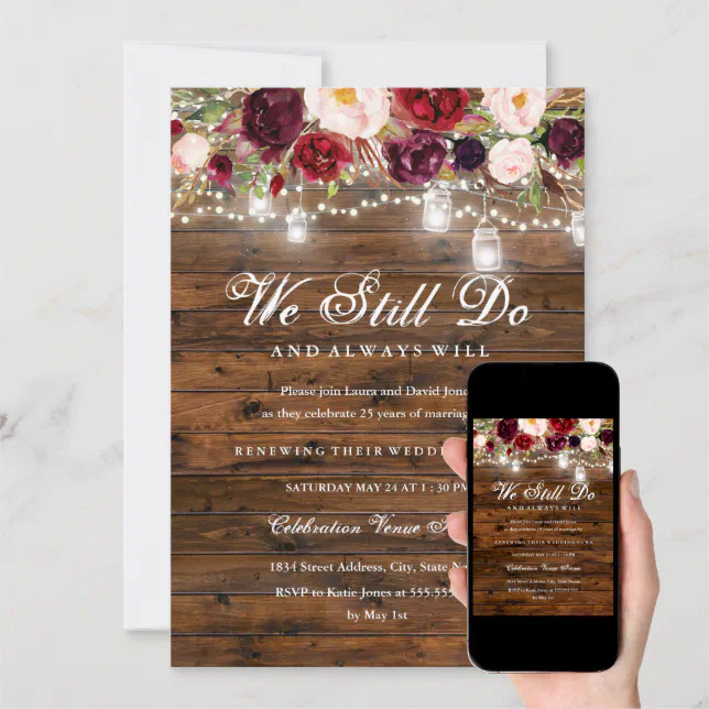 Rustic Burgundy Floral Lights Wedding Vow Renewal Invitation | Zazzle