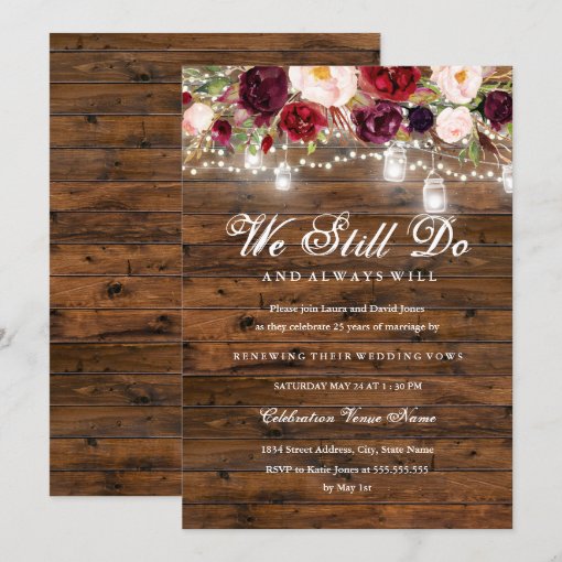 Rustic Burgundy Floral Lights Wedding Vow Renewal Invitation | Zazzle