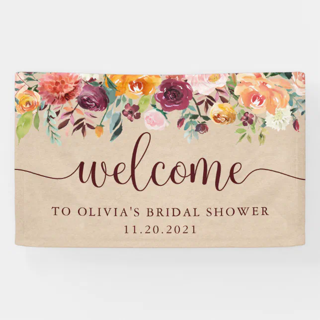 Rustic Burgundy Floral on Kraft Look | Welcome Banner | Zazzle