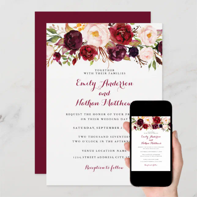 Rustic Burgundy Floral Wedding Invitation | Zazzle