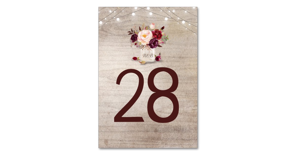 Rustic Burgundy Floral Wedding Table Number Cards | Zazzle