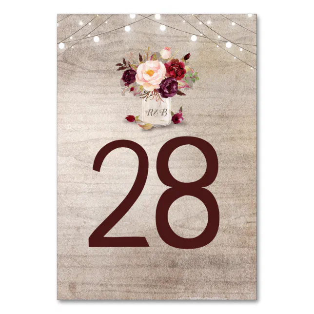 Rustic Burgundy Floral Wedding Table Number Cards | Zazzle