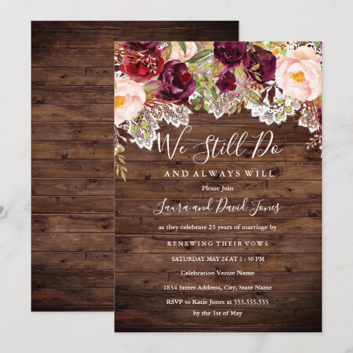 Rustic Burgundy Floral Wedding Vow Renewal Invitation | Zazzle