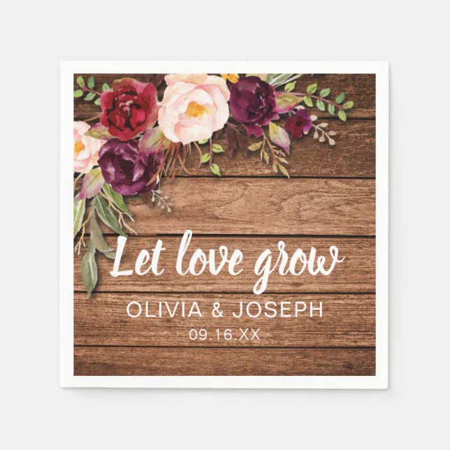 Rustic Burgundy Floral Wood Wedding Favor Paper Napkins | Zazzle