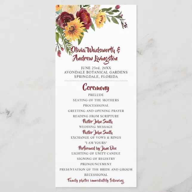 Rustic Burgundy Floral Yellow Sunflowers Wedding Program | Zazzle