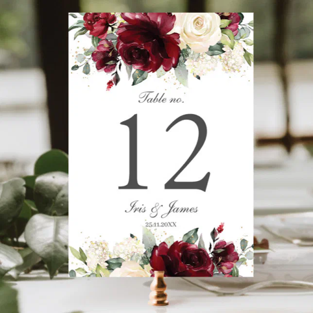 Rustic Burgundy Ivory Floral Wedding Bridal Shower Table Number | Zazzle