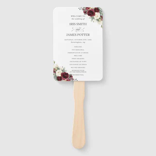 Rustic Burgundy Ivory Floral Wedding Program Hand Fan | Zazzle
