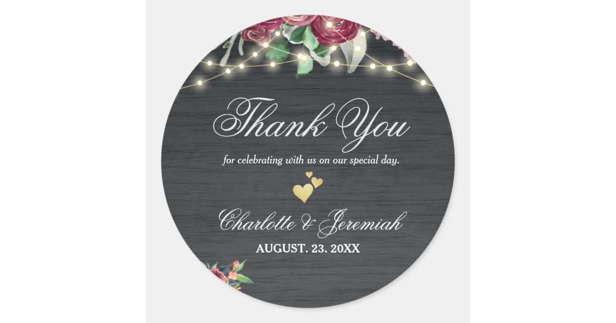 Rustic Burgundy Mason Jar Lights Wedding Thank You Classic Round