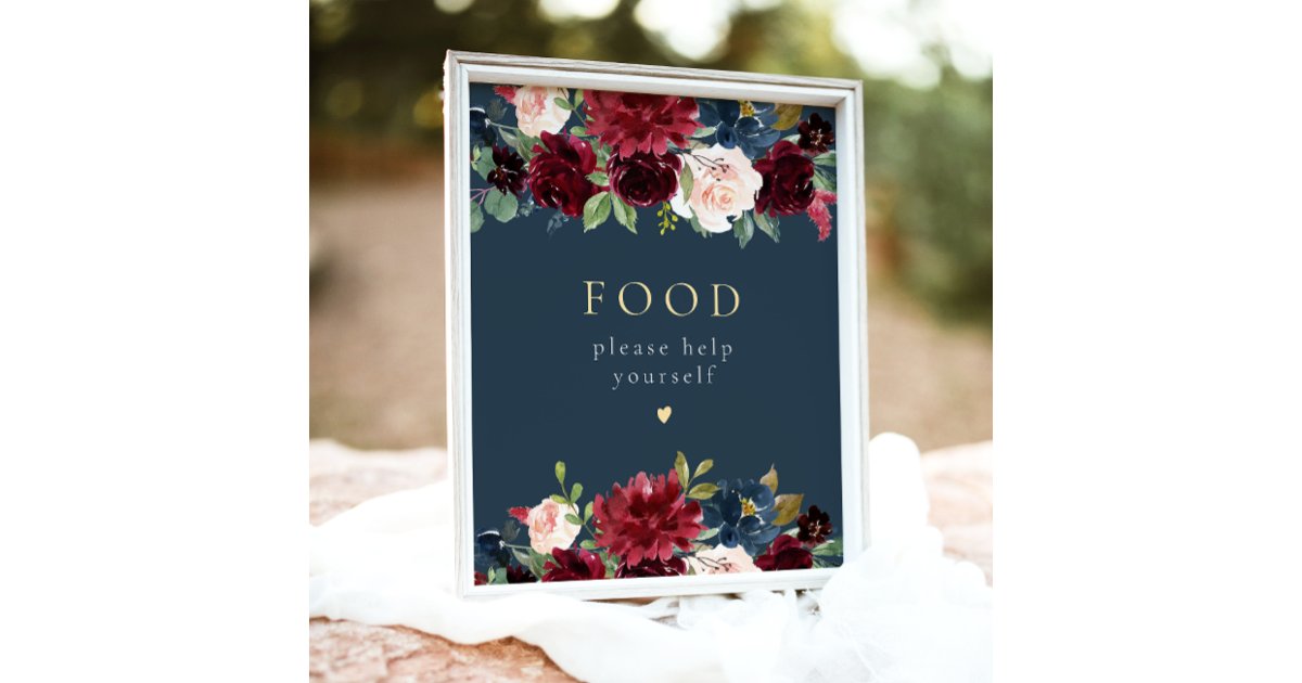 Rustic Burgundy & Navy Blue Floral Food Table Sign | Zazzle