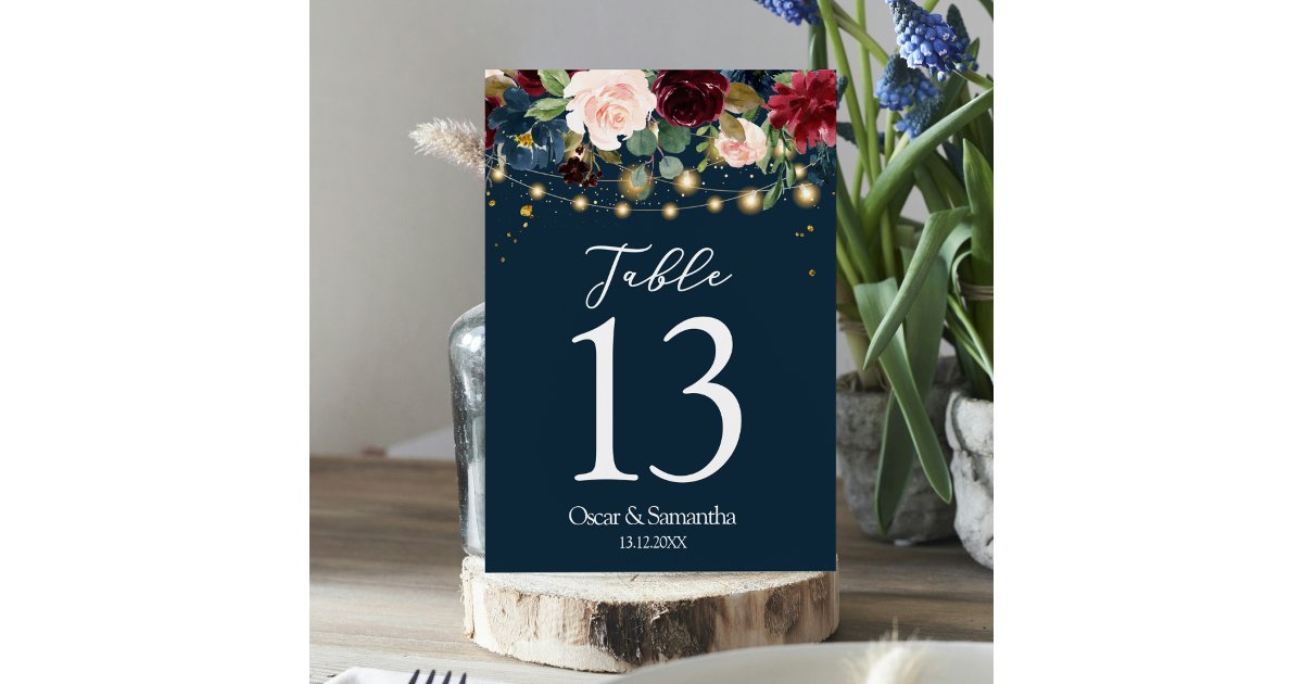 Rustic Burgundy Navy Blue & Red Flowers & Lights Table Number | Zazzle