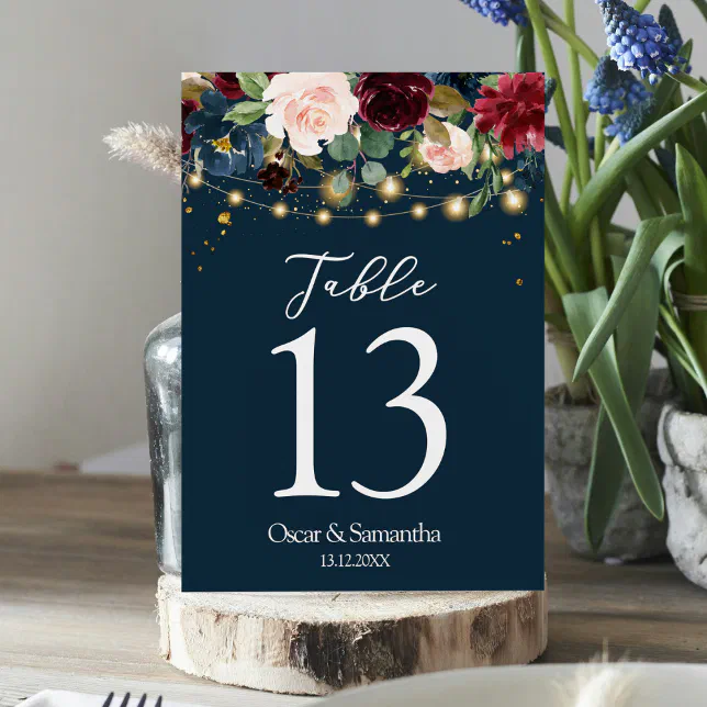 Rustic Burgundy Navy Blue & Red Flowers & Lights Table Number | Zazzle