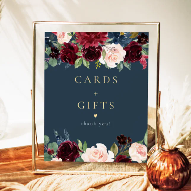 Rustic Burgundy & Navy Floral Cards and Gifts Sign | Zazzle