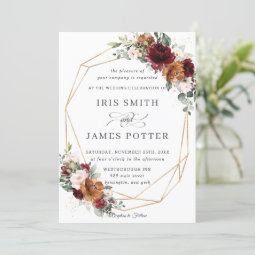 Rustic Burgundy Orange Floral Wedding Geometric Invitation | Zazzle