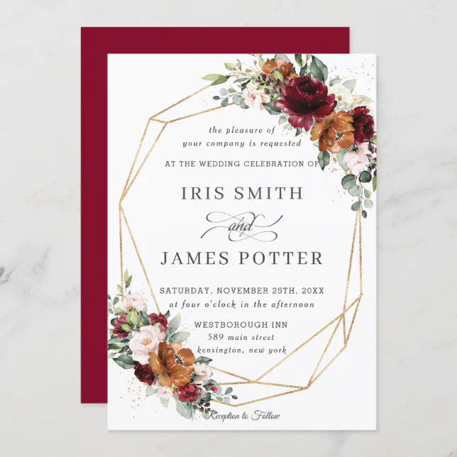 Rustic Burgundy Orange Floral Wedding Geometric Invitation | Zazzle