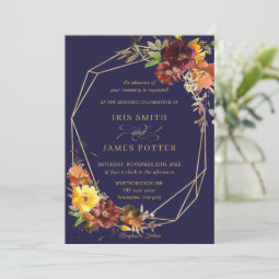 Rustic Burgundy Orange Floral Wedding Geometric Invitation | Zazzle