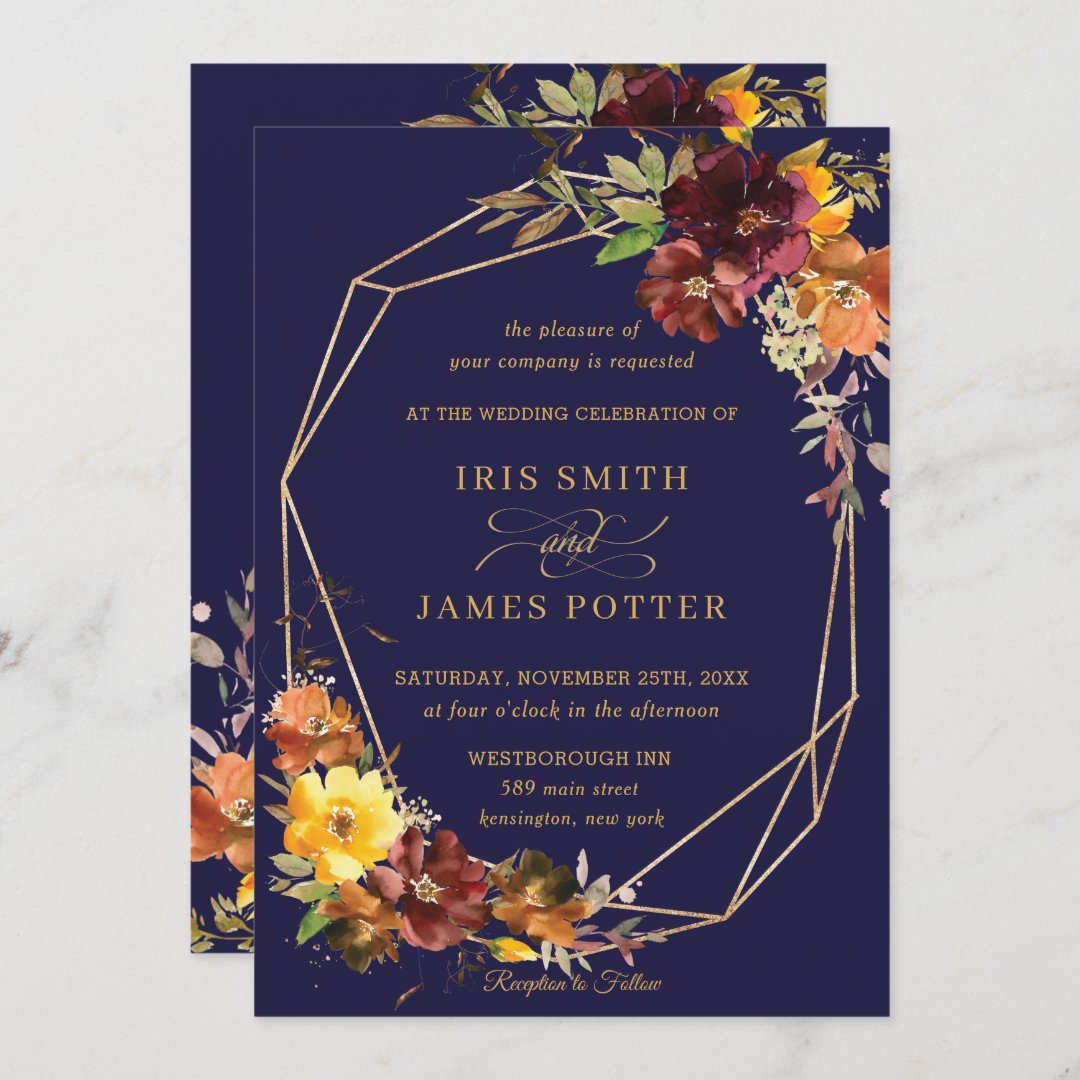 Rustic Burgundy Orange Floral Wedding Geometric Invitation | Zazzle