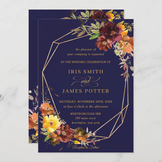 Rustic Burgundy Orange Floral Wedding Geometric Invitation | Zazzle