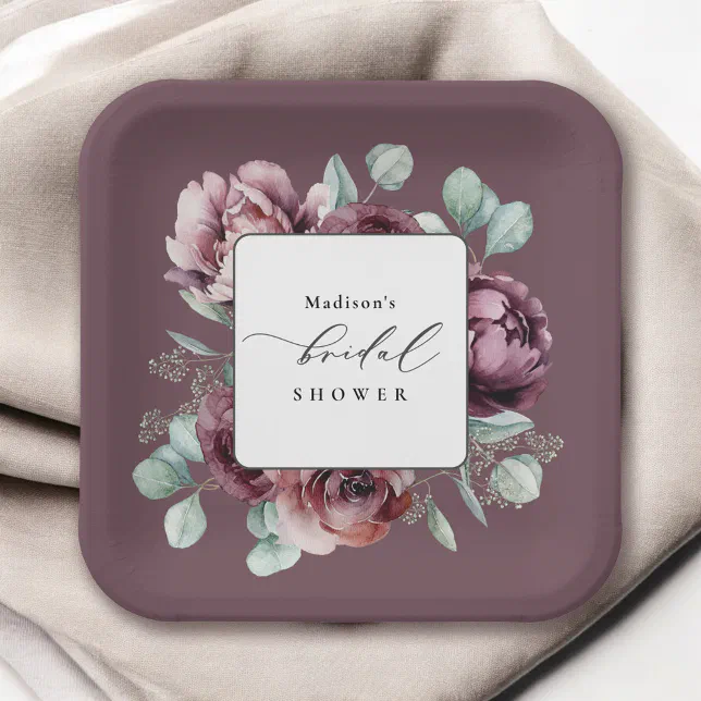 Rustic Burgundy Plum Floral Bridal Shower Paper Plates | Zazzle