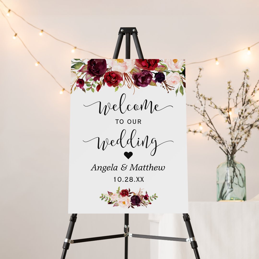 Rustic Burgundy Red Blush Floral Wedding Sign Foam | Zazzle